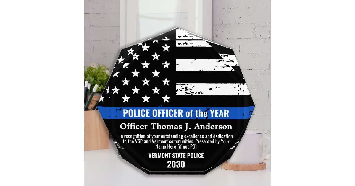 Police Officer Of The Year Thin Blue Line Employee Acrylic Award | Zazzle