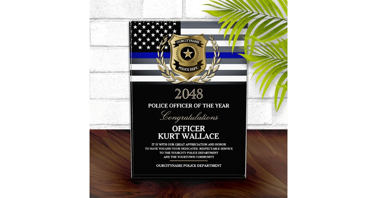 Police Officer of the Year Thin Blue Line Flag Acrylic Award | Zazzle
