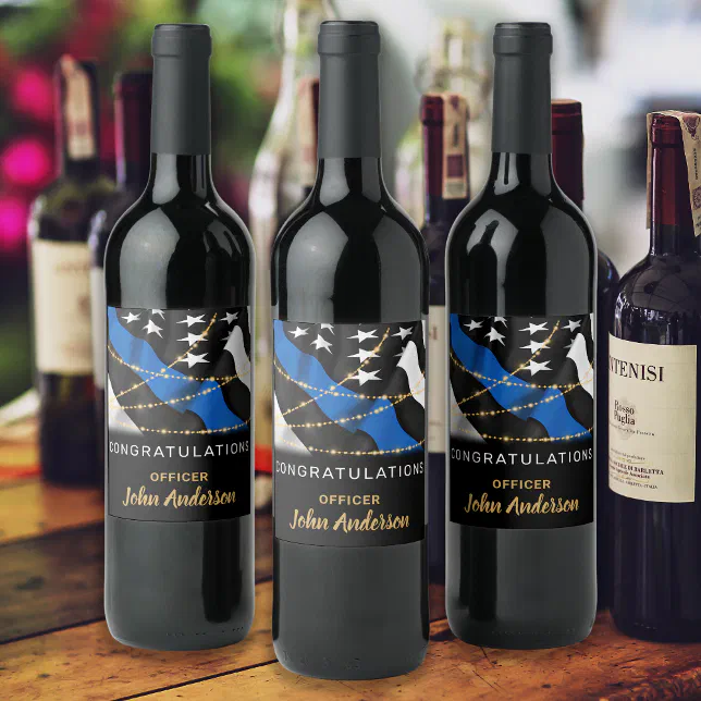 Police Officer Party Graduation Thin Blue Line Wine Label | Zazzle