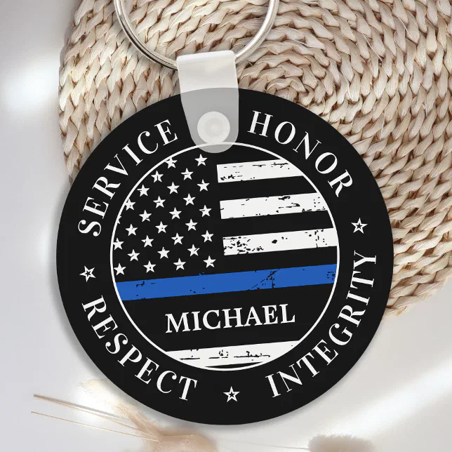 Police Officer Personalized Name Thin Blue Line Keychain | Zazzle