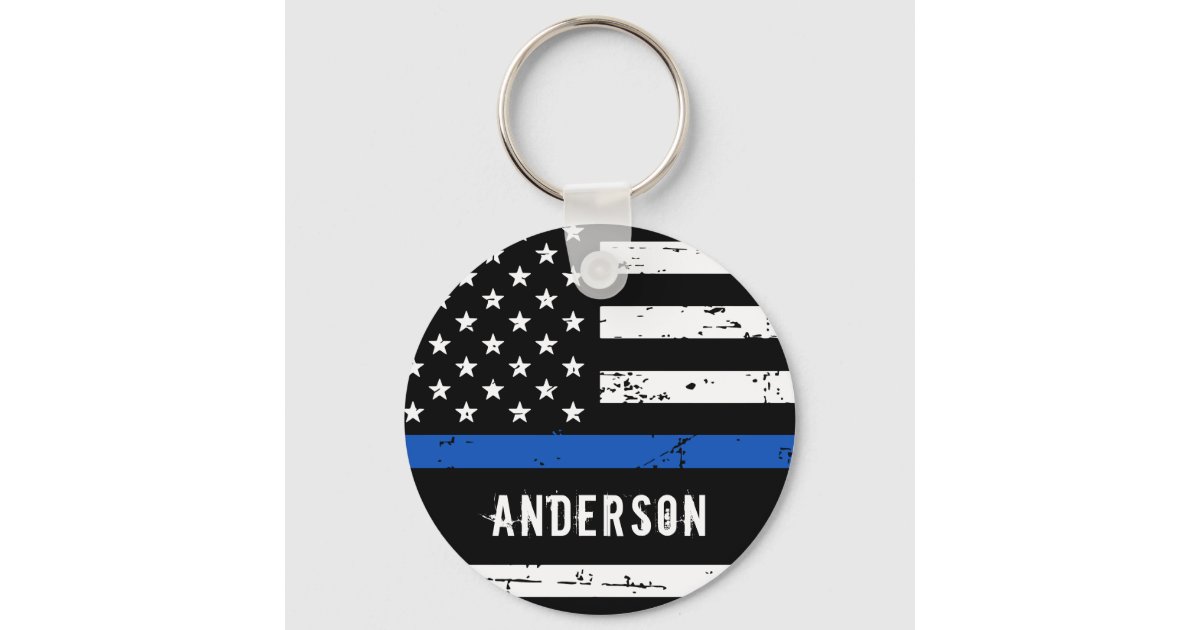 Police Officer Personalized Name Thin Blue Line Keychain | Zazzle