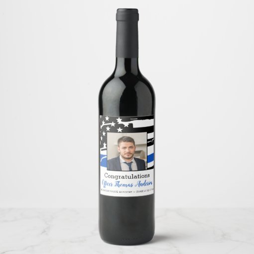 Police Officer Photo Thin Blue Line Graduation Wine Label | Zazzle