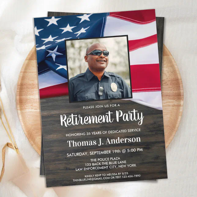 Police Officer Retirement Photo American Flag Invi Invitation | Zazzle