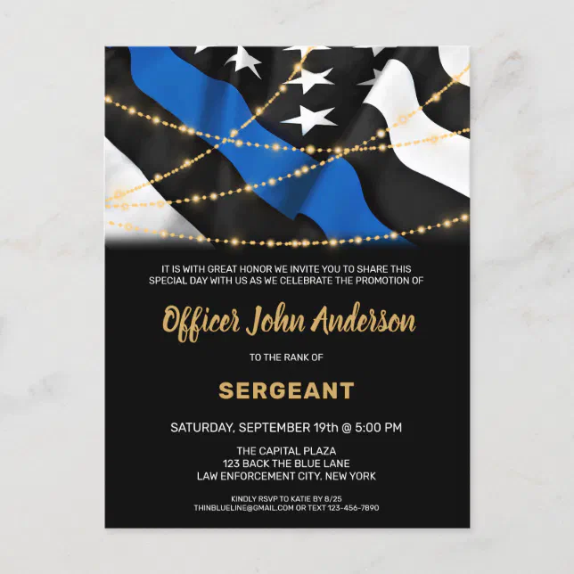 Police Promotion Law Enforcement Thin Blue Line Invitation Postcard ...
