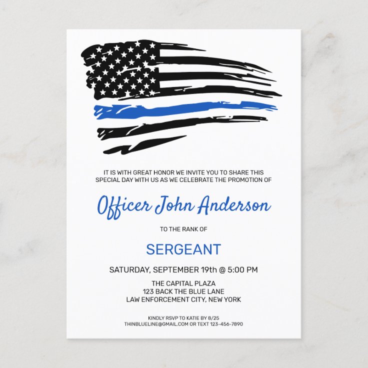 Police Promotion Officer Thin Blue Line Party Announcement Postcard ...