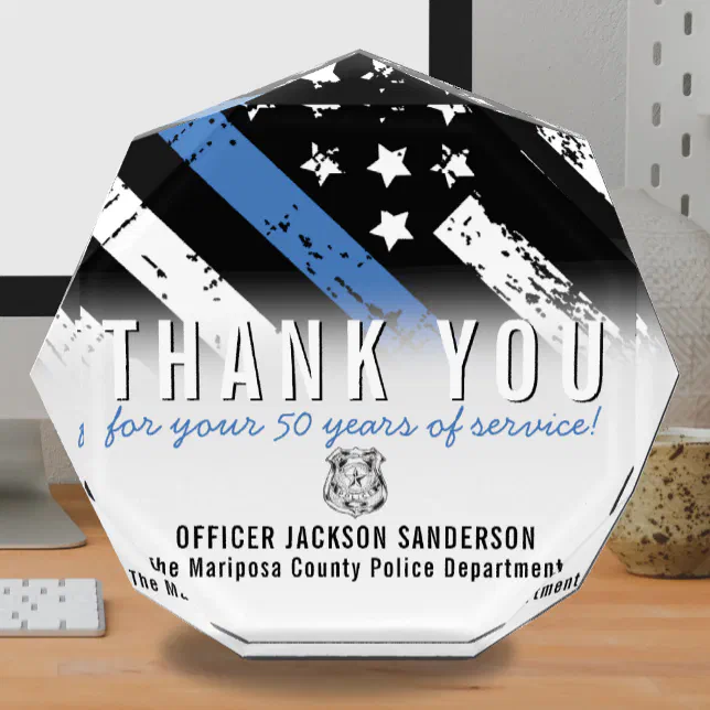Police Retirement Anniversary Blue Line Flag Acrylic Award | Zazzle