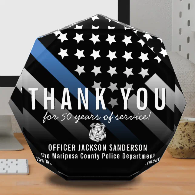 Police Retirement Anniversary Blue Line Flag Acrylic Award | Zazzle