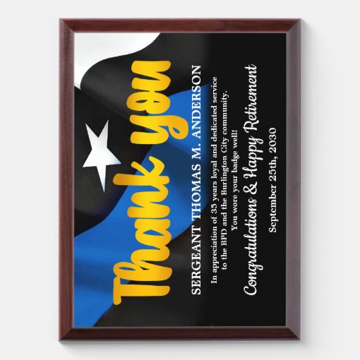 Police Retirement Blue Line Gold Law Enforcement Award Plaque | Zazzle