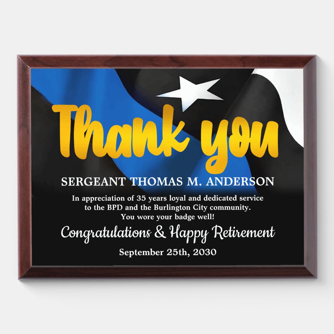 Police Retirement Blue Line Gold Law Enforcement Award Plaque | Zazzle