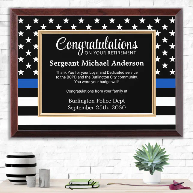 Police Retirement Custom Blue Flag Law Enforcement Award Plaque | Zazzle