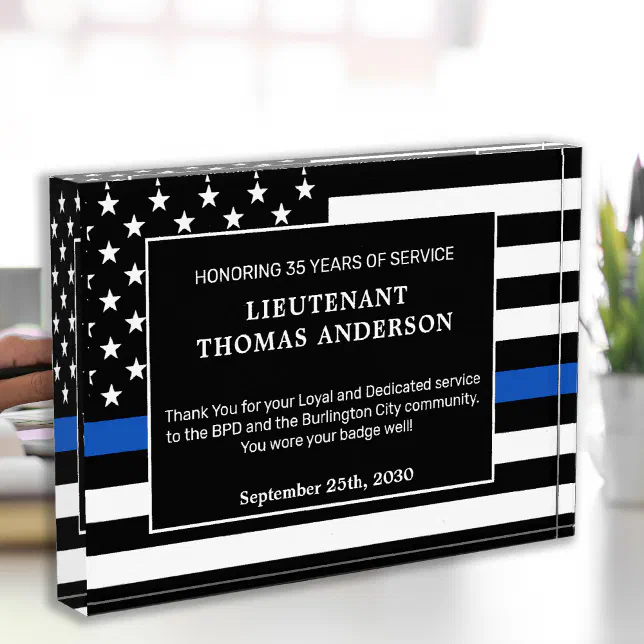 Police Retirement Law Enforcement Thin Blue Line Acrylic Award | Zazzle