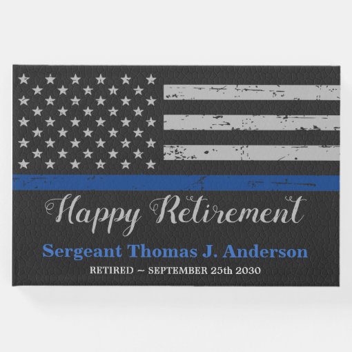 Police Retirement Leather Thin Blue Line Party Guest Book | Zazzle