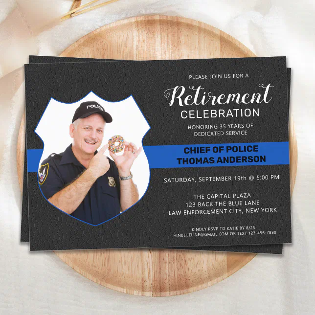 Police Retirement Party Faux Leather Photo Invitation | Zazzle