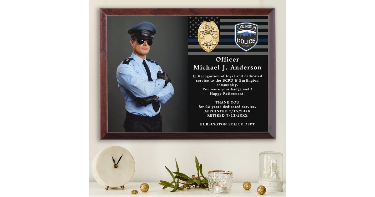 Police Retirement Thin Blue Line Custom Photo Award Plaque | Zazzle