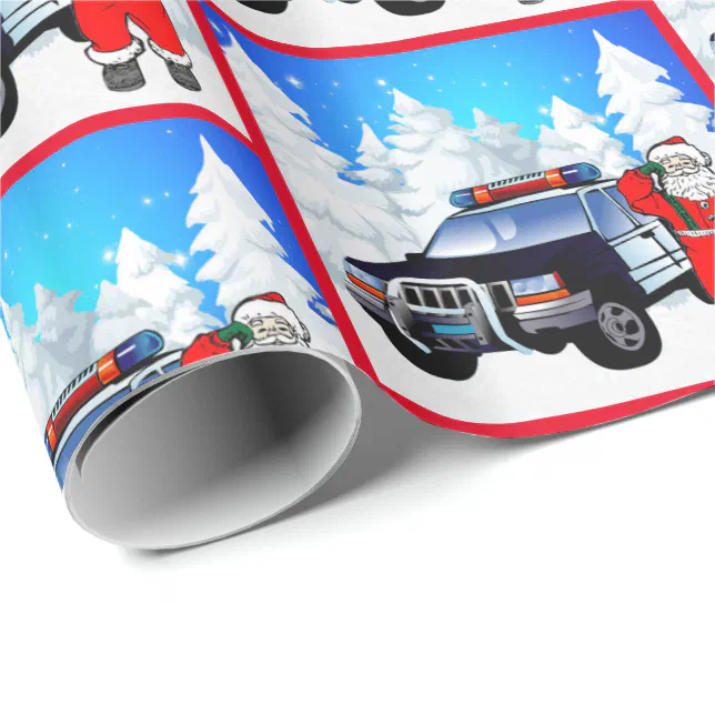 Police Santa Police Car Winter Scene Christmas Wrapping Paper | Zazzle