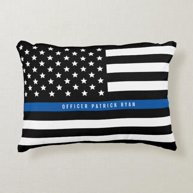 Police Thin Blue Line American Flag Add Name Accent Pillow | Zazzle