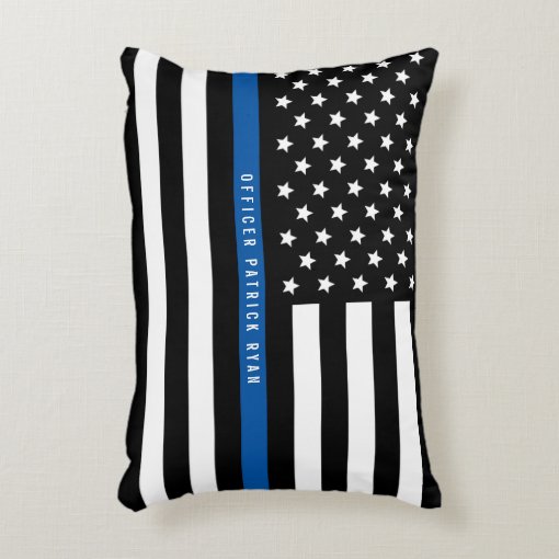 Police Thin Blue Line American Flag Add Name Accent Pillow | Zazzle