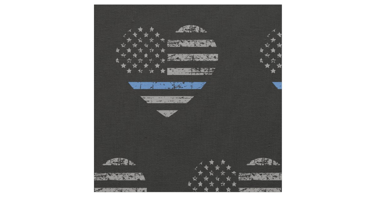 Police Thin Blue Line American Flag Heart Pattern Fabric | Zazzle