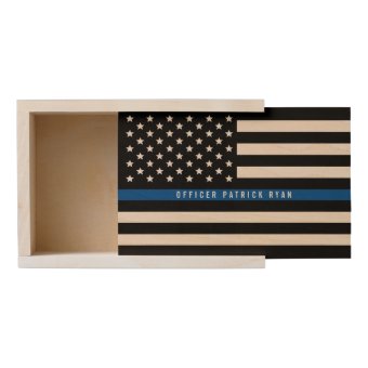 Police Thin Blue Line American Flag Monogram Wooden Keepsake Box | Zazzle