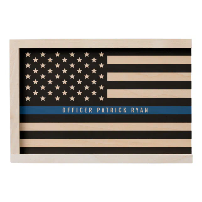Police Thin Blue Line American Flag Monogram Wooden Keepsake Box | Zazzle