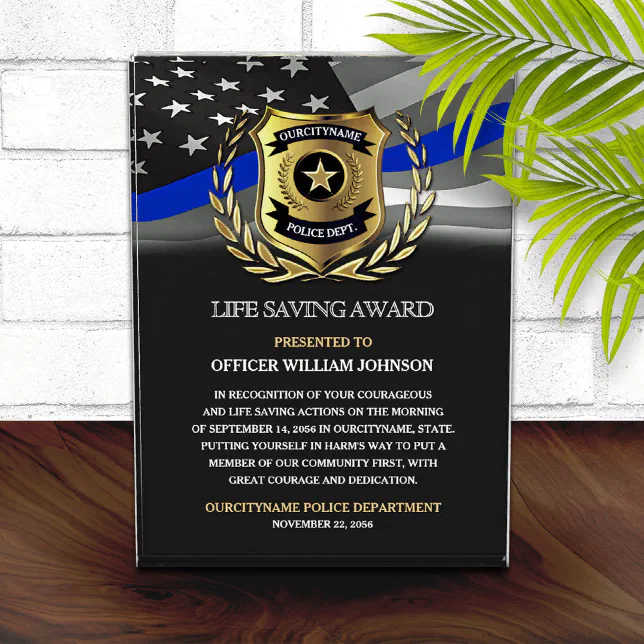 Police Thin Blue Line Flag Life Saving Acrylic Award | Zazzle