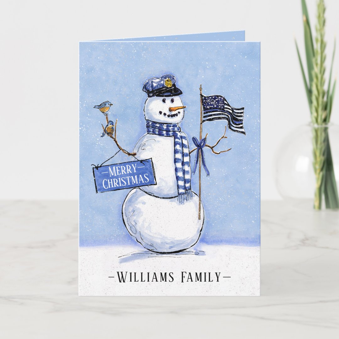 Police Thin Blue Line Flag Merry Christmas Snowman Holiday Card | Zazzle