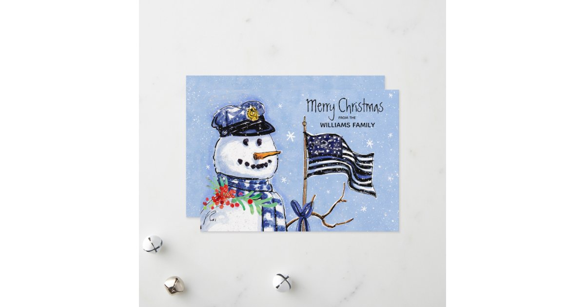 Police Thin Blue Line Flag Merry Christmas Snowman Holiday Card | Zazzle