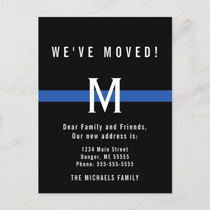 Police Thin Blue Line Monogram Initial Moving Announcement Postcard ...