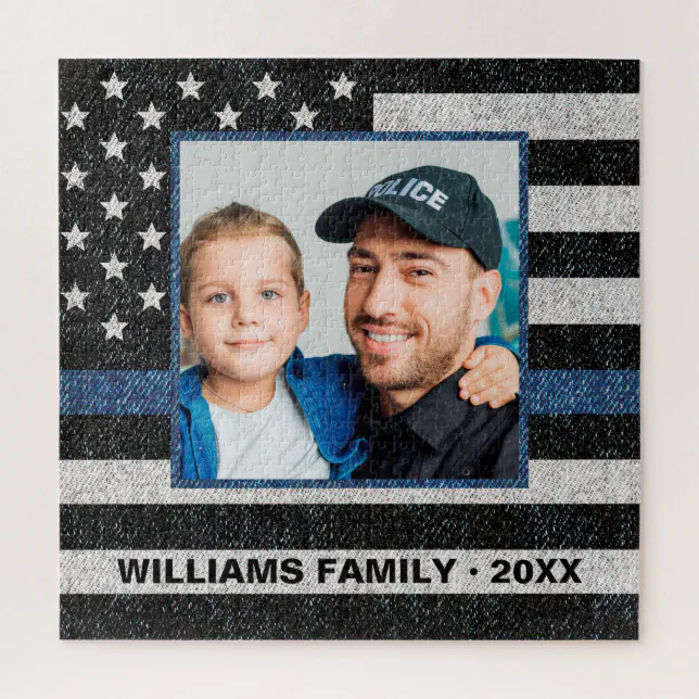 Police Thin Blue Line Photo American Flag Monogram Jigsaw Puzzle | Zazzle