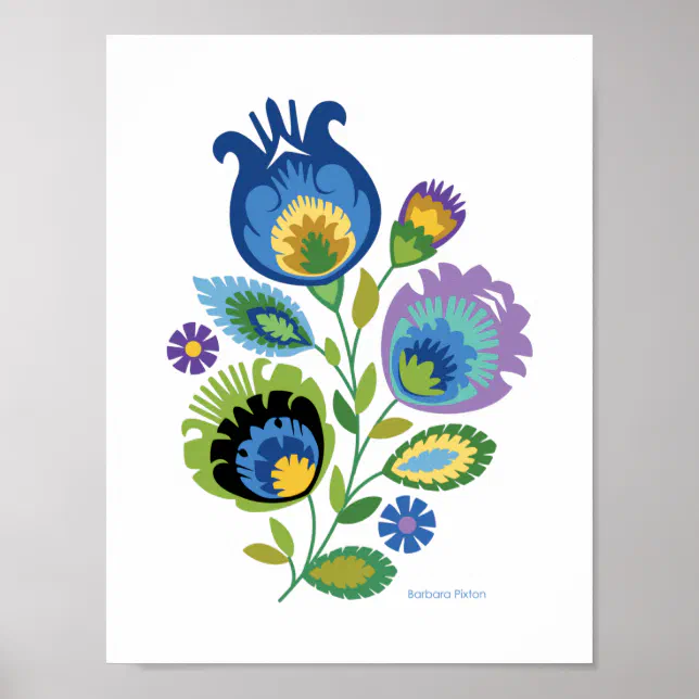 Polish Floral Dark Blue Papercut Design Poster | Zazzle