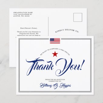 Political Donation | Patriotic Themed Thank You Postcard | Zazzle