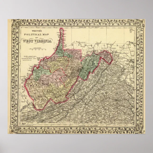 Political Map of West Virginia Poster | Zazzle