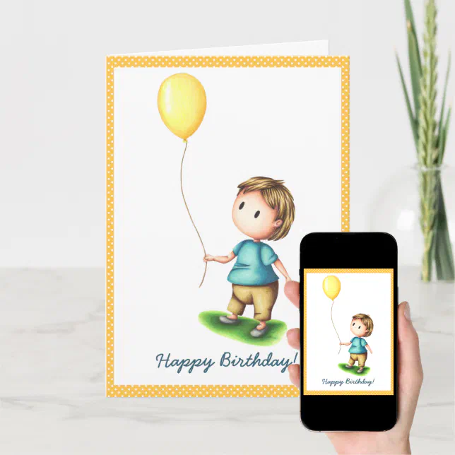 Polka dot baby boy with yellow balloon birthday card | Zazzle
