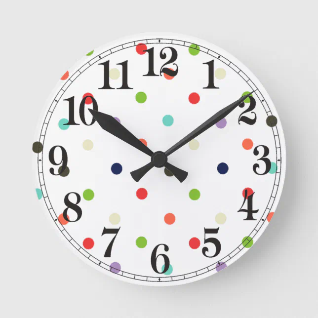 Polka-dot colorful party confetti round clock | Zazzle