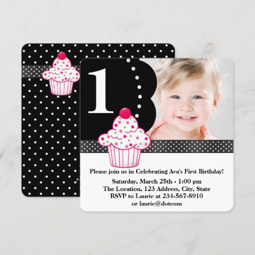 Polka Dot Cupcake Girls Photo 1st Birthday Party Invitation | Zazzle