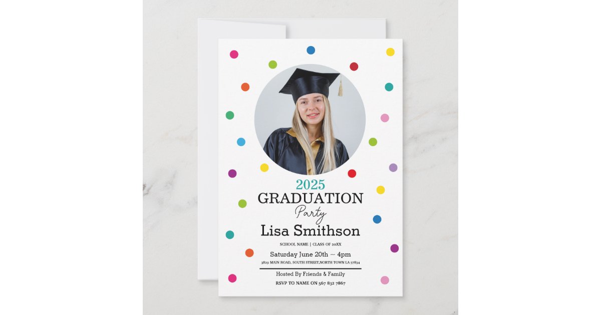 Polka Dot Graduation Confetti Colorful Party Invitation | Zazzle