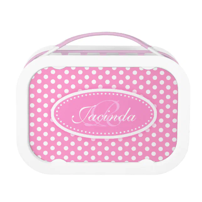 Polka dot pink girls name & monogram lunch box | Zazzle