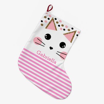 Polka Dot Pink Gold Glitter Striped Cat Face Large Christmas Stocking ...