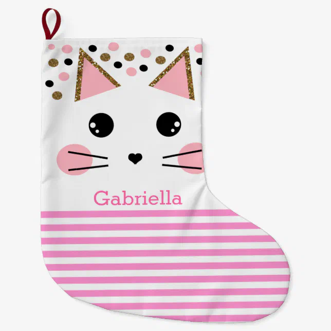 Polka Dot Pink Gold Glitter Striped Cat Face Large Christmas Stocking ...