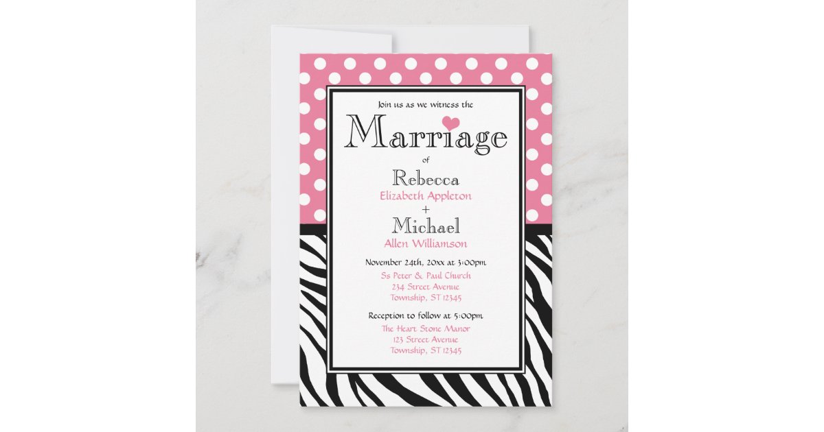 Polka Dot Pink & Zebra Print Wedding Invitations | Zazzle
