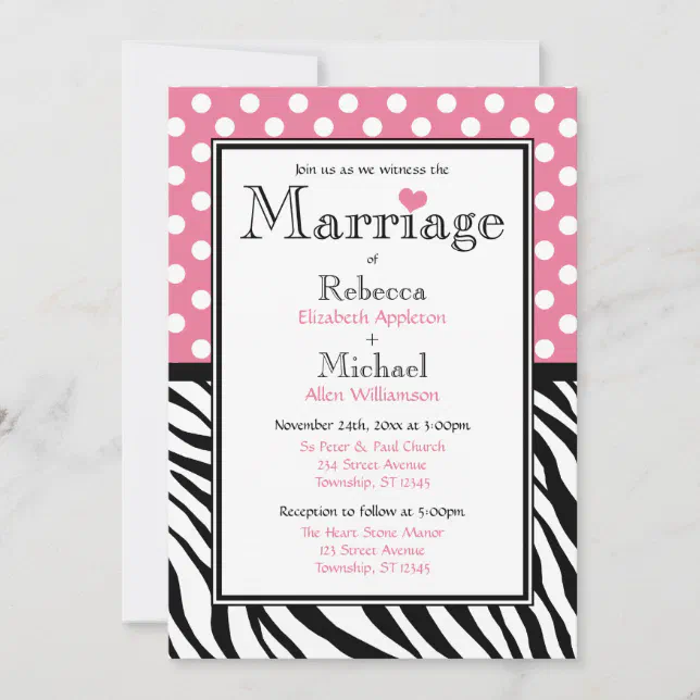 Polka Dot Pink & Zebra Print Wedding Invitations | Zazzle