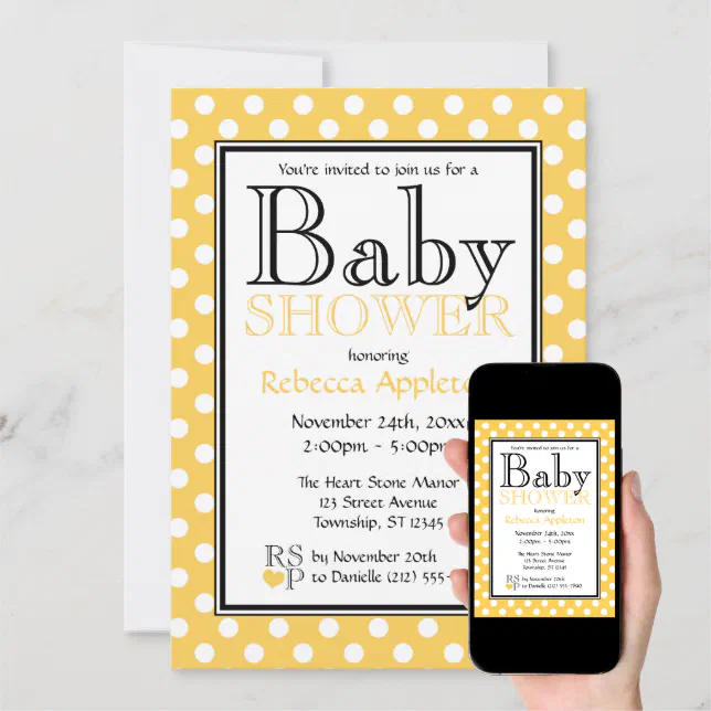 Polka Dot Yellow Baby Shower Invitations | Zazzle