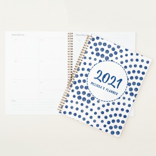 Polka Dots Blue Girly Modern Personalized Yearly Planner | Zazzle