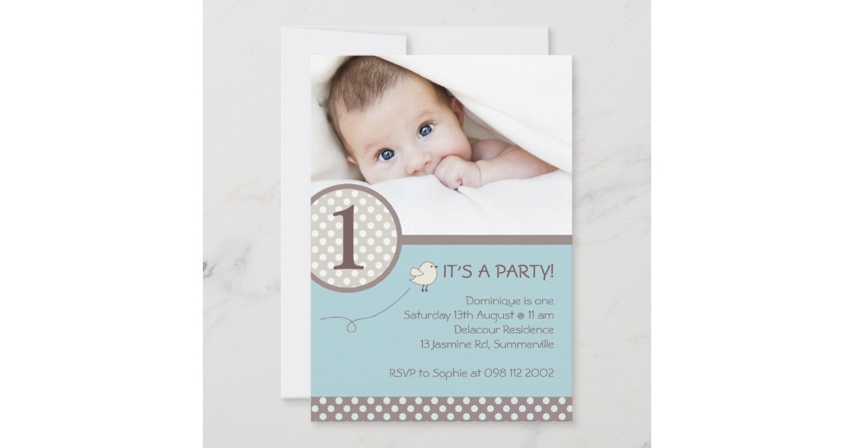 Polka Dots Blue Kids Photo Birthday Invitation | Zazzle