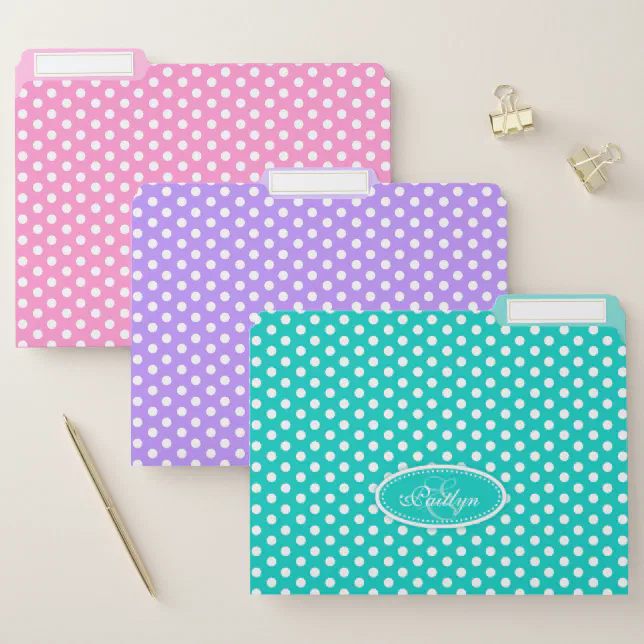 Polka dots personalized pink aqua purple files file folder | Zazzle