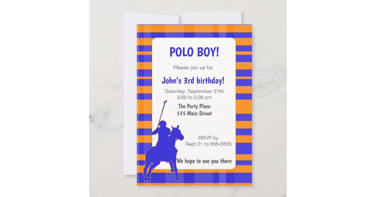 Polo Boy Birthday Invitation Royal Blue Orange | Zazzle