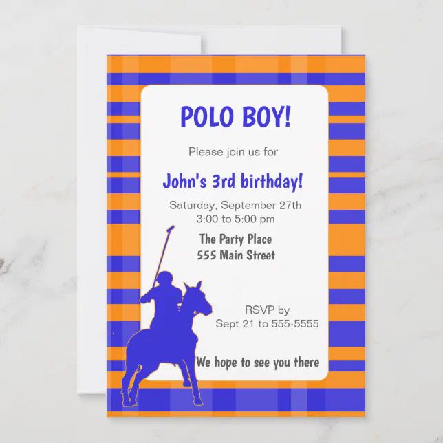 Polo Boy Birthday Invitation Royal Blue Orange | Zazzle