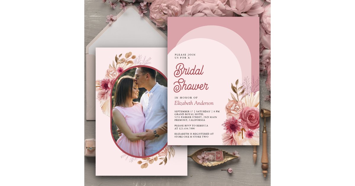Pomegranate Pink Floral Pampas Photo Bridal Shower Invitation | Zazzle