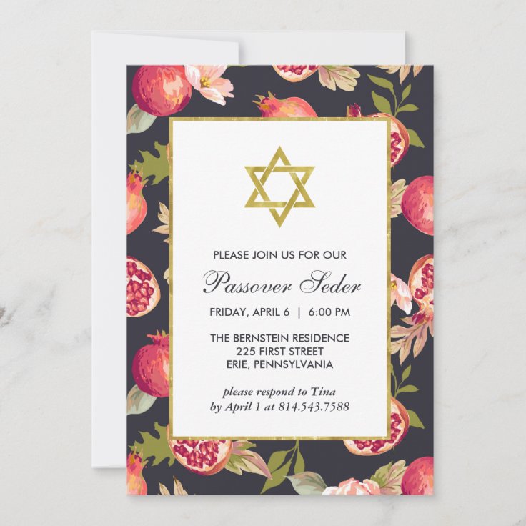Pomegranates and Flowers with Gold Passover Seder Invitation | Zazzle