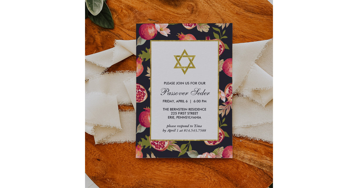 Pomegranates and Flowers with Gold Passover Seder Invitation | Zazzle